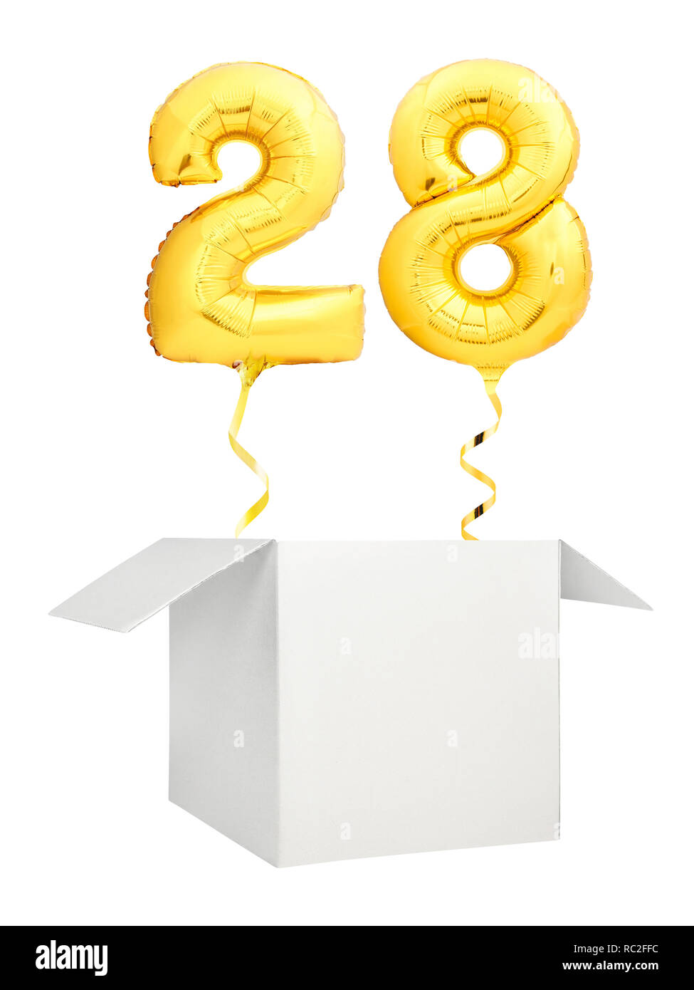 Golden number twenty eight balloon flying out of blank white box ...