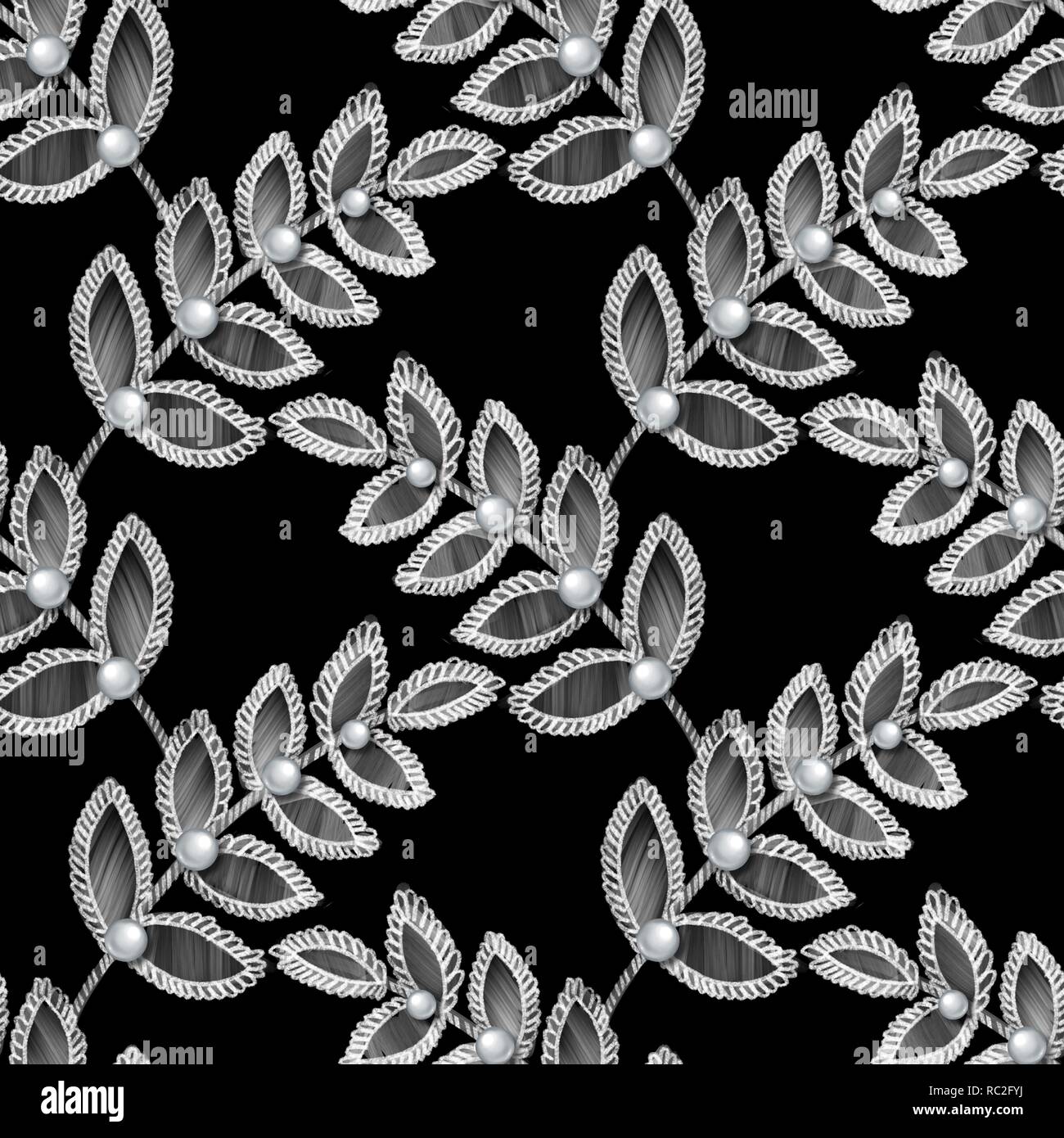 Lace seamless pattern with decortive leaves and pearls Stock Photo - Alamy