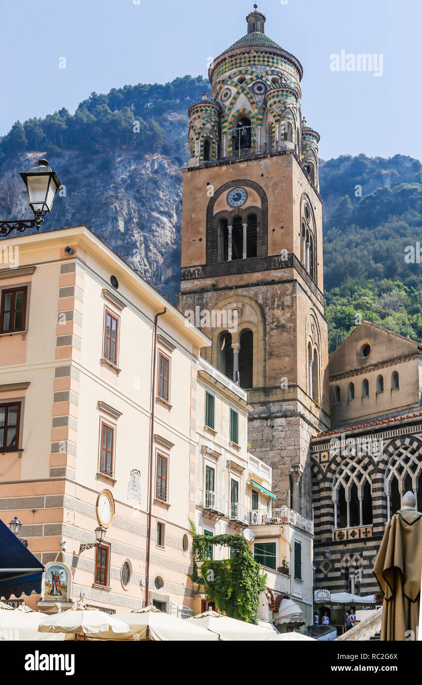 Amalfi cathedral bell tower at Piazza del Duomo, Amalfi, Italy. One of ...