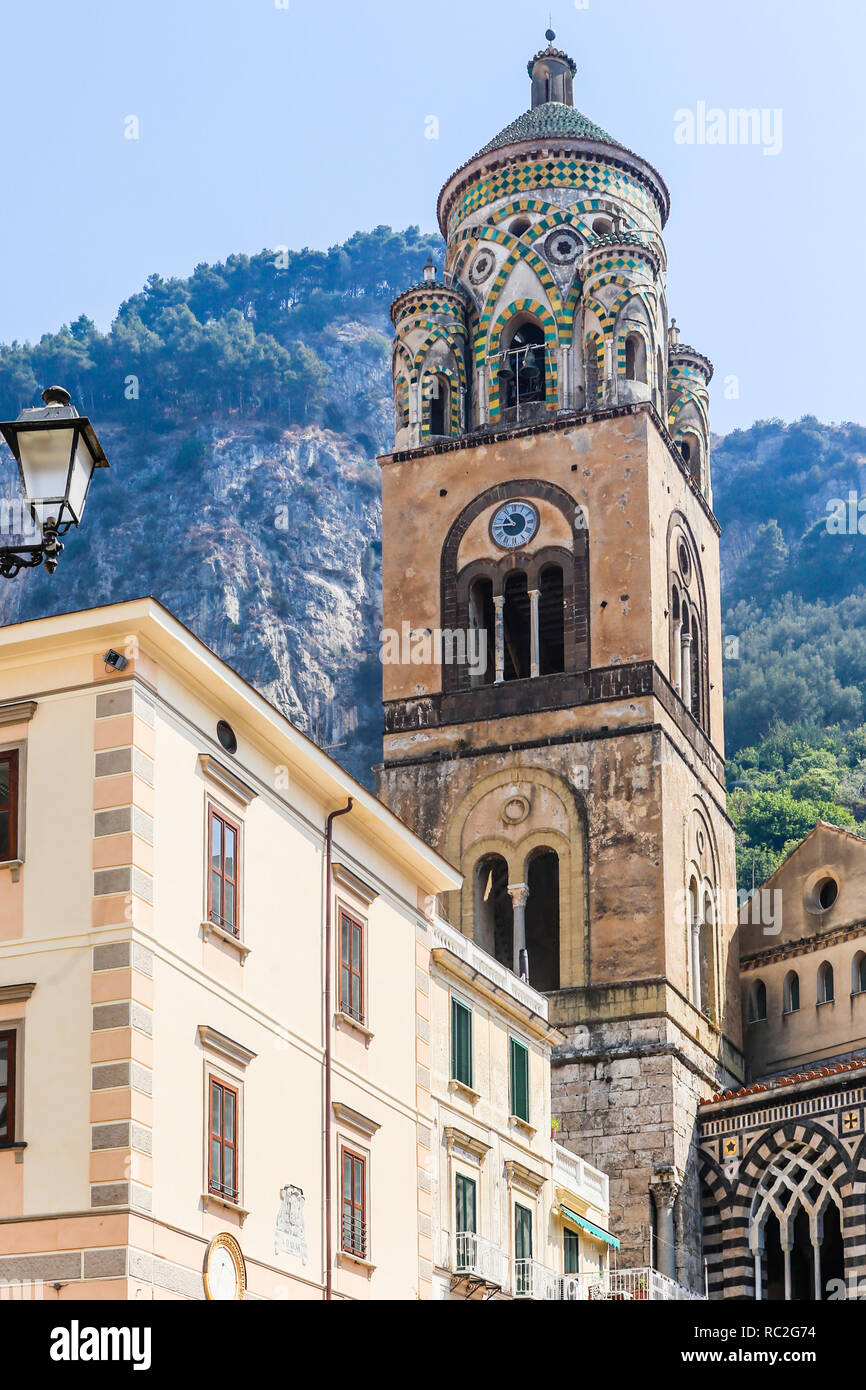 Amalfi cathedral bell tower at Piazza del Duomo, Amalfi, Italy. One of ...
