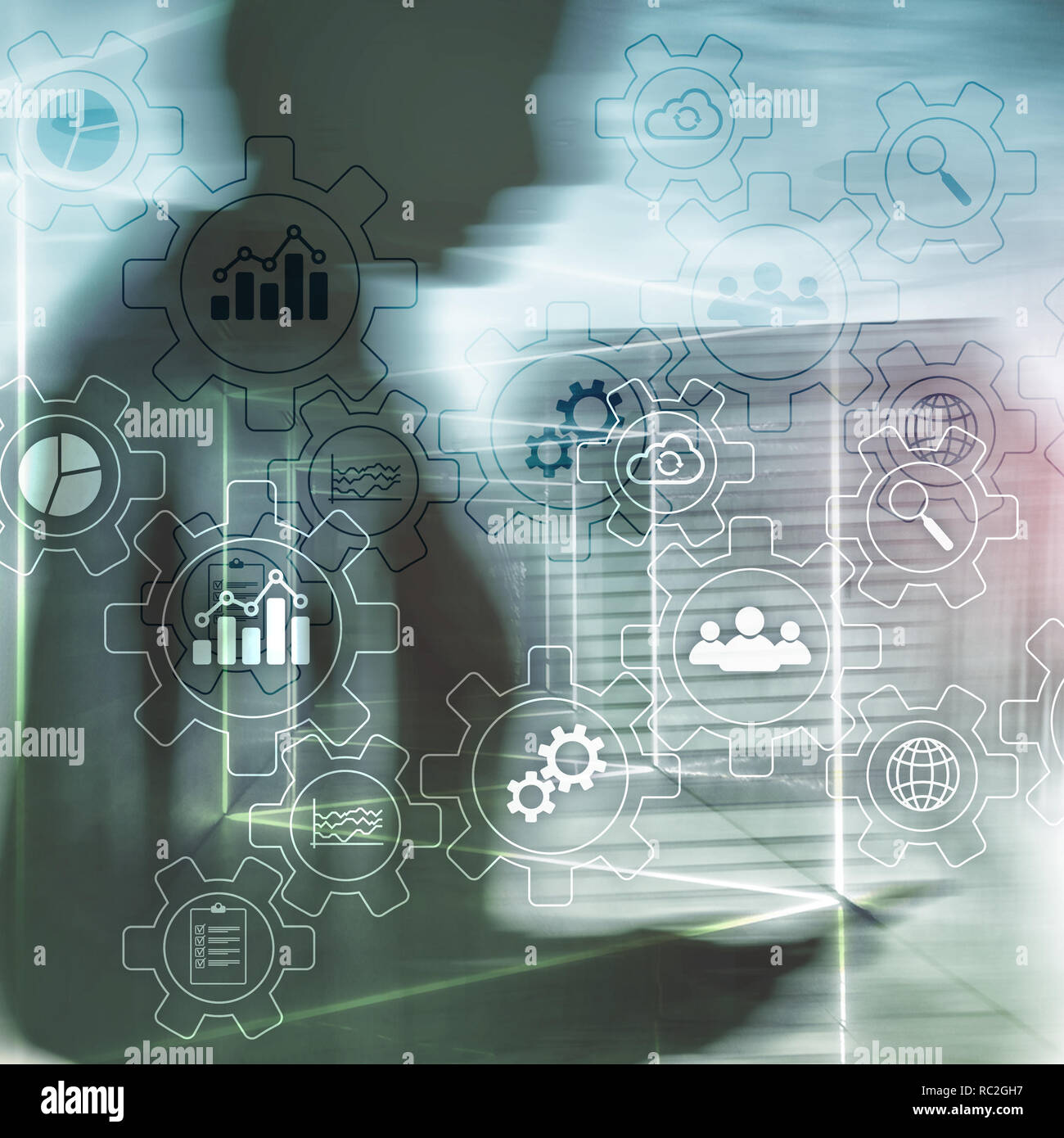 Business process abstract diagram with gears and icons. Workflow and ...