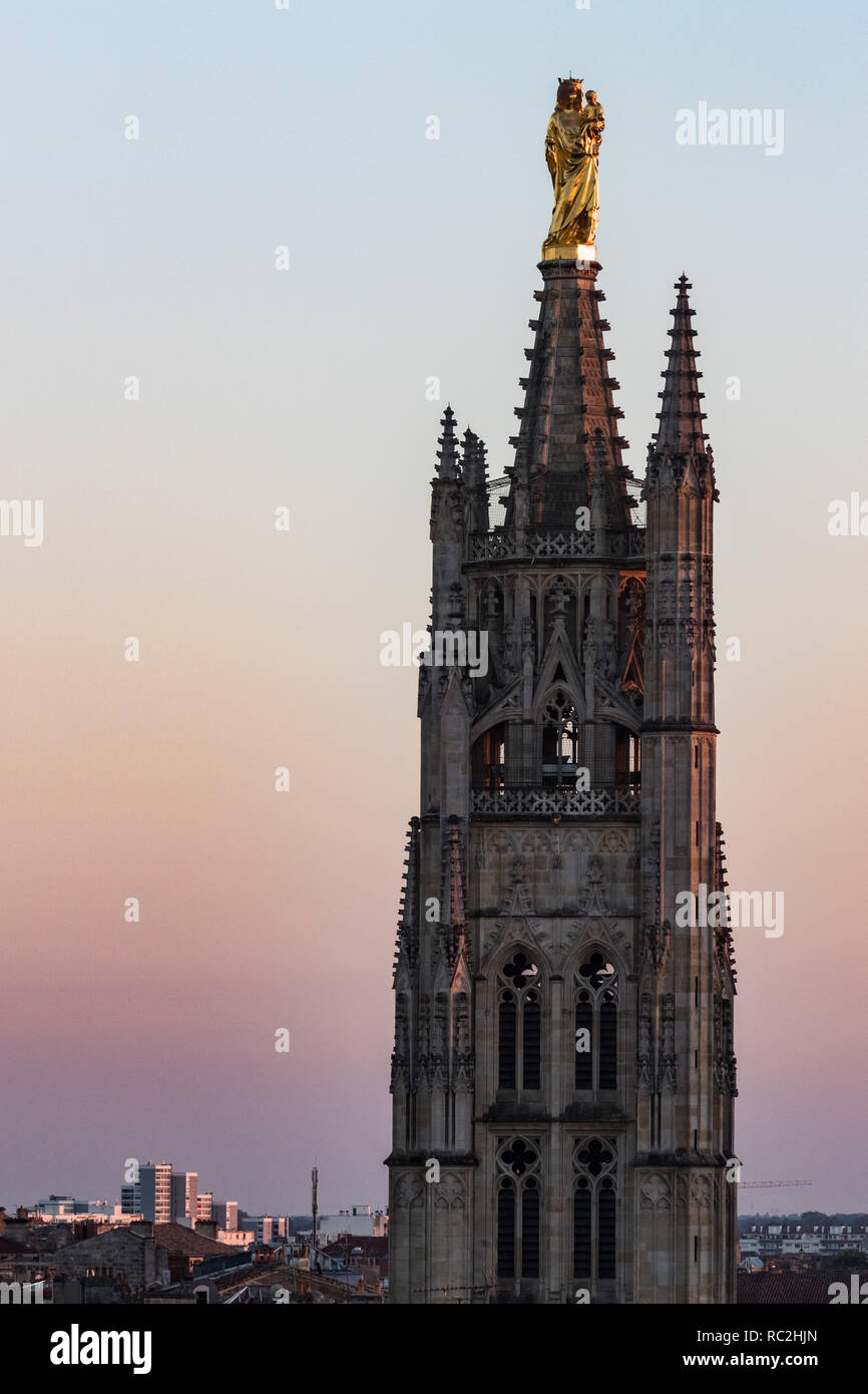 View of Pey Berland tower at sunset in the city of Bordeaux, France ...