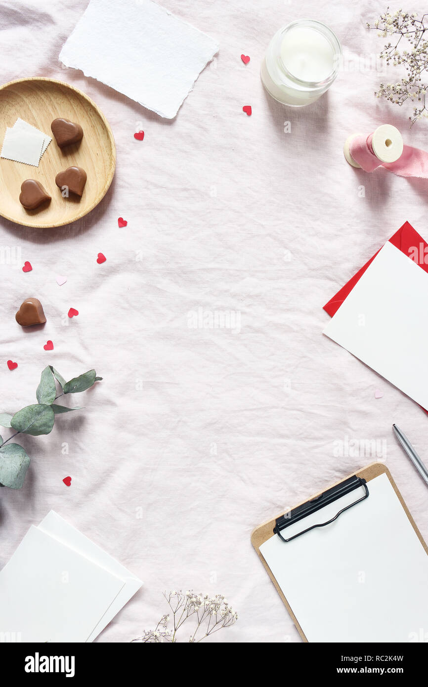 Valentines day, wedding stationery mockup scene. Candle, paper hearts ...