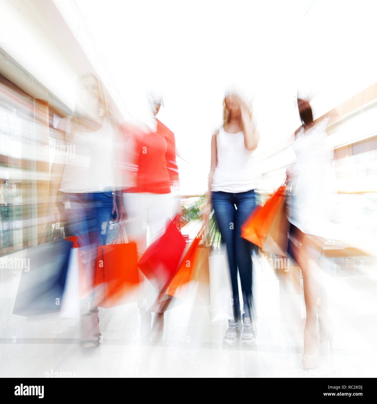 Women walking fast in shopping mall with bags , conceptual abstract ...