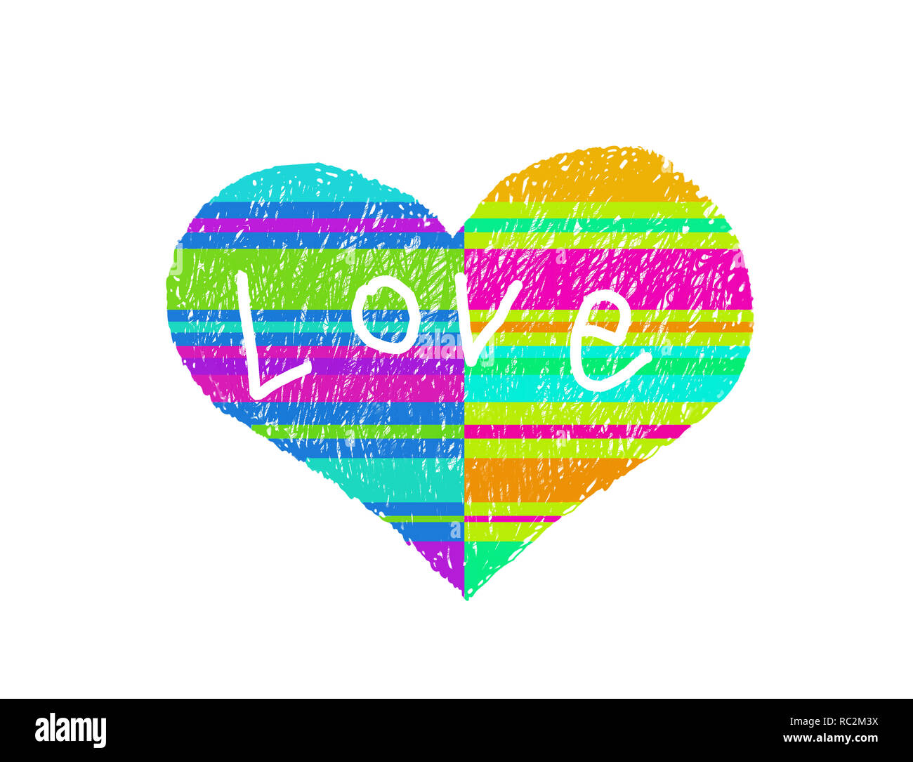 Abstract multicolored striped love symbol and word Love on white Stock ...