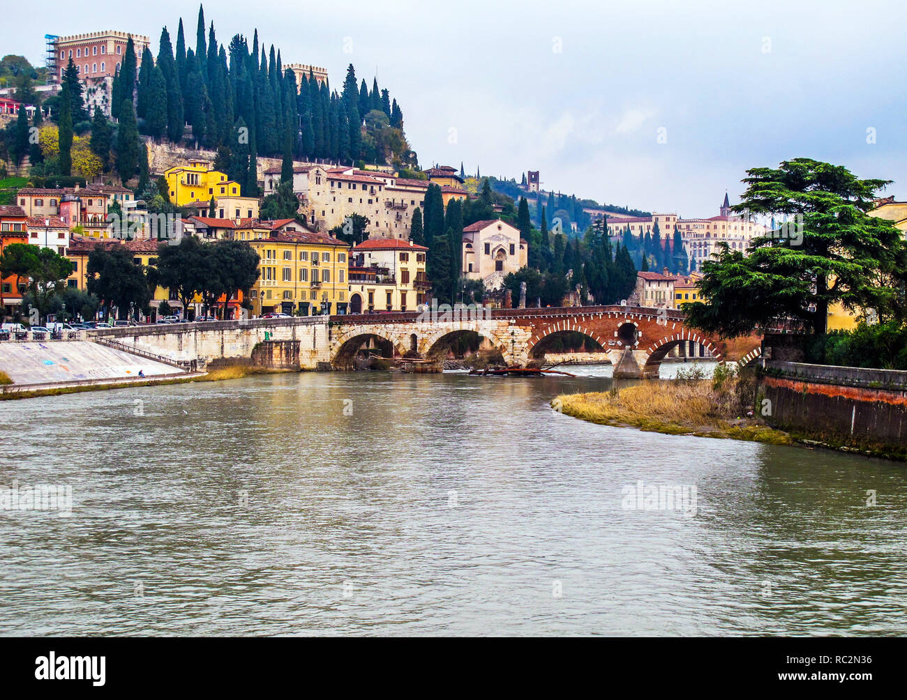 Beautiful view of the cityscape of Verona Italy, the river Adige and ...