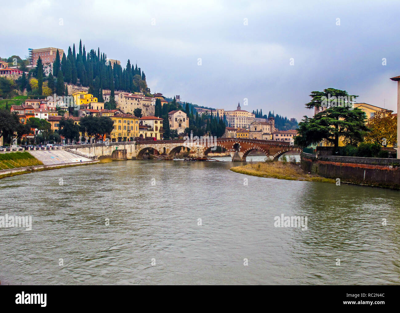 Beautiful view of the cityscape of Verona, river Adige and historic ...