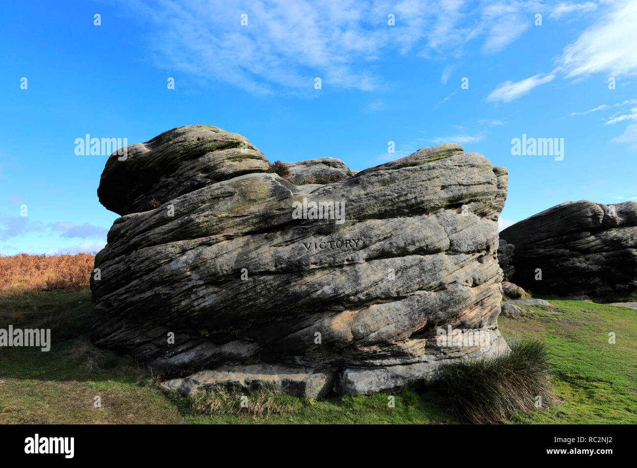 Autumn view over the Victory rock, Birchen Edge, Peak District National ...