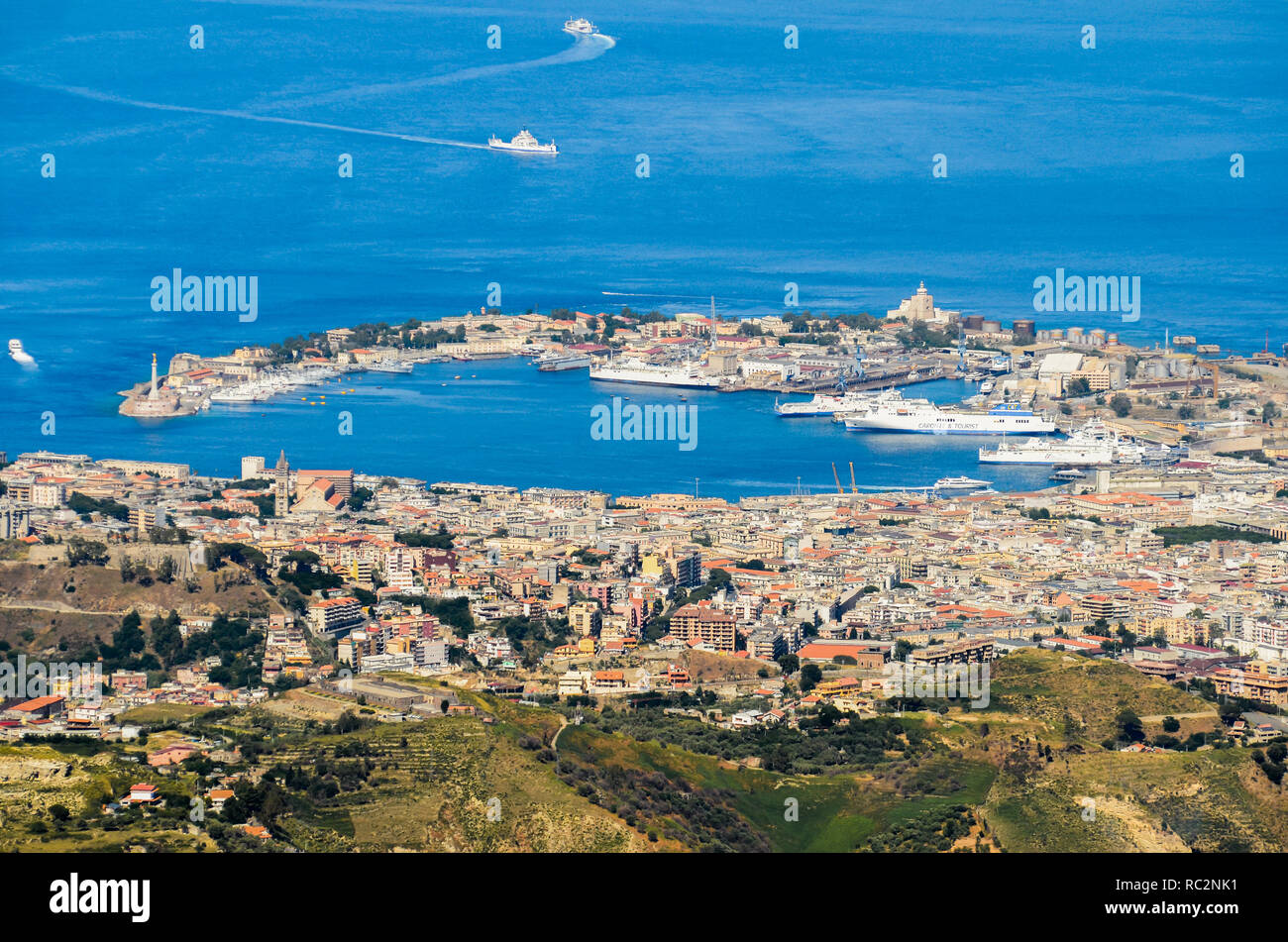 Panoramic view of the town of Messina, on the strait between Sicily and ...