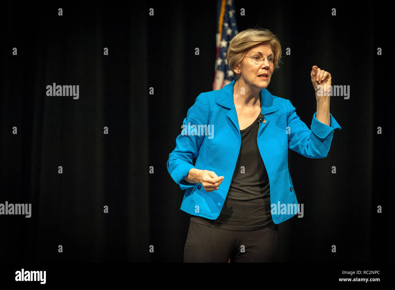 Senator Elizabeth Warren speaking on stage at her Town Hall at Concord ...