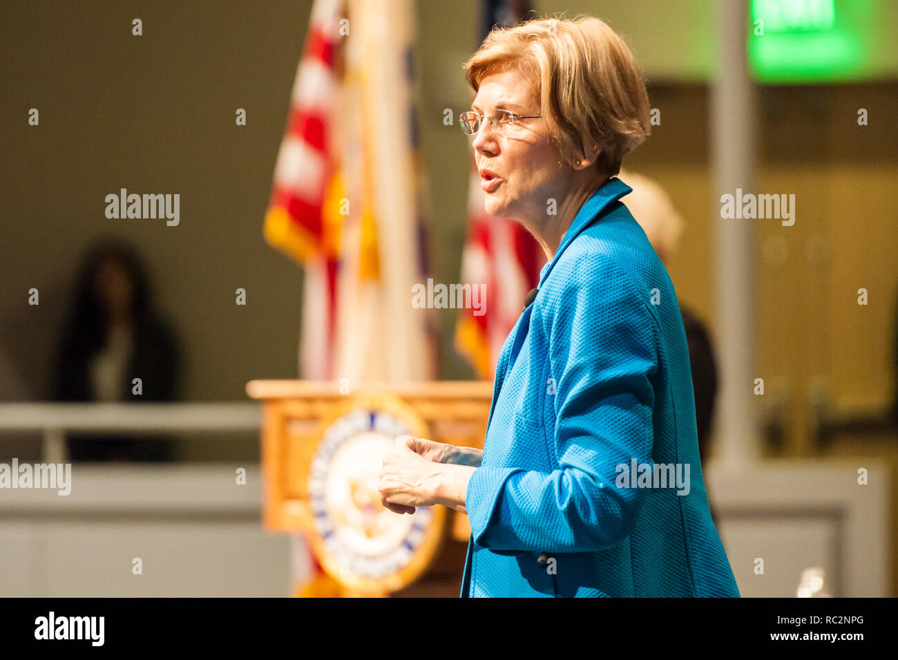 U.S. Senator Elizabeth Warren speaking on stage at her Town Hall at ...