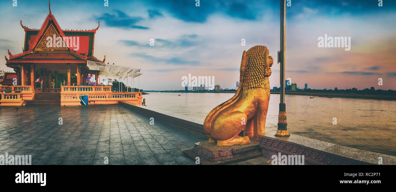 Phnom Penh riverside at sunrise. Cambodia. Panorama Stock Photo - Alamy