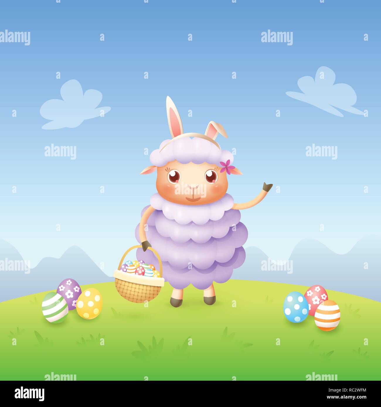 Sheep with bunny ears and basket with decorated eggs celebrate Easter ...