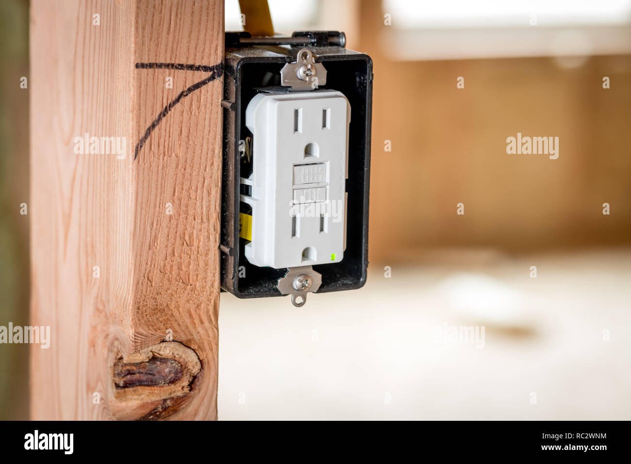 Close up of an electrical receptacle in new home construction Stock ...