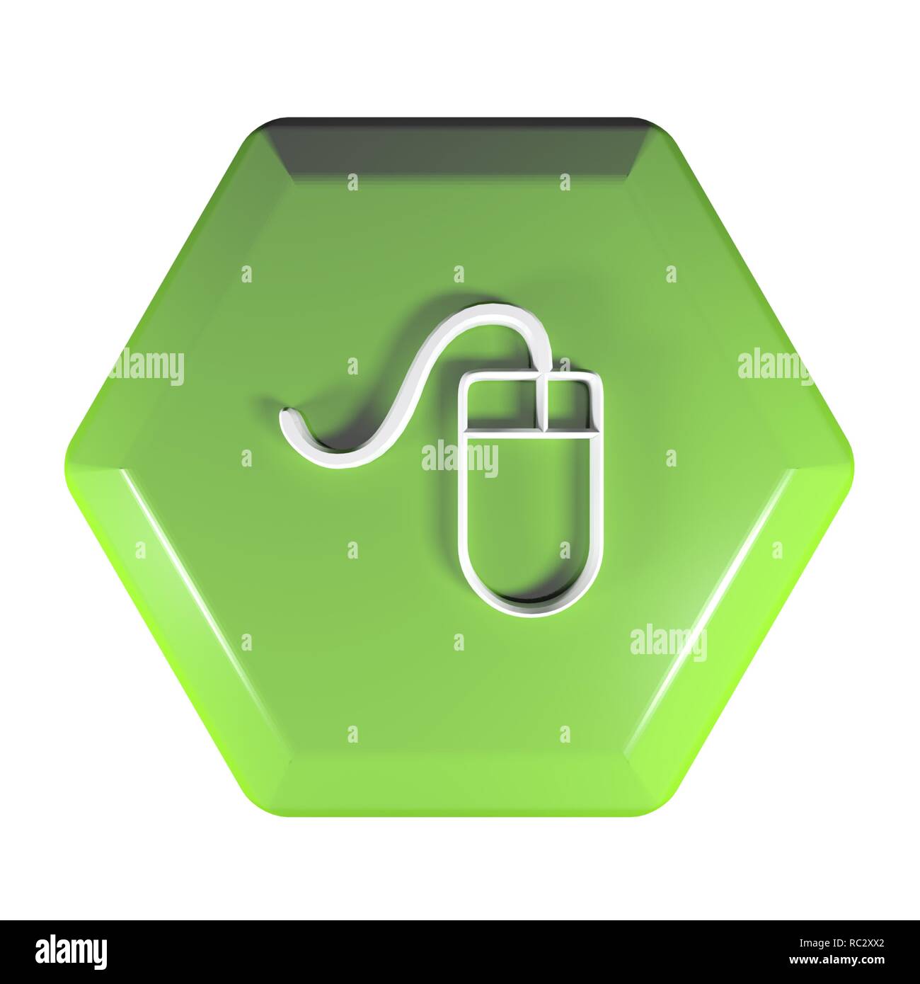 Green hexagonal push button with mouse icon - 3D rendering illustration ...