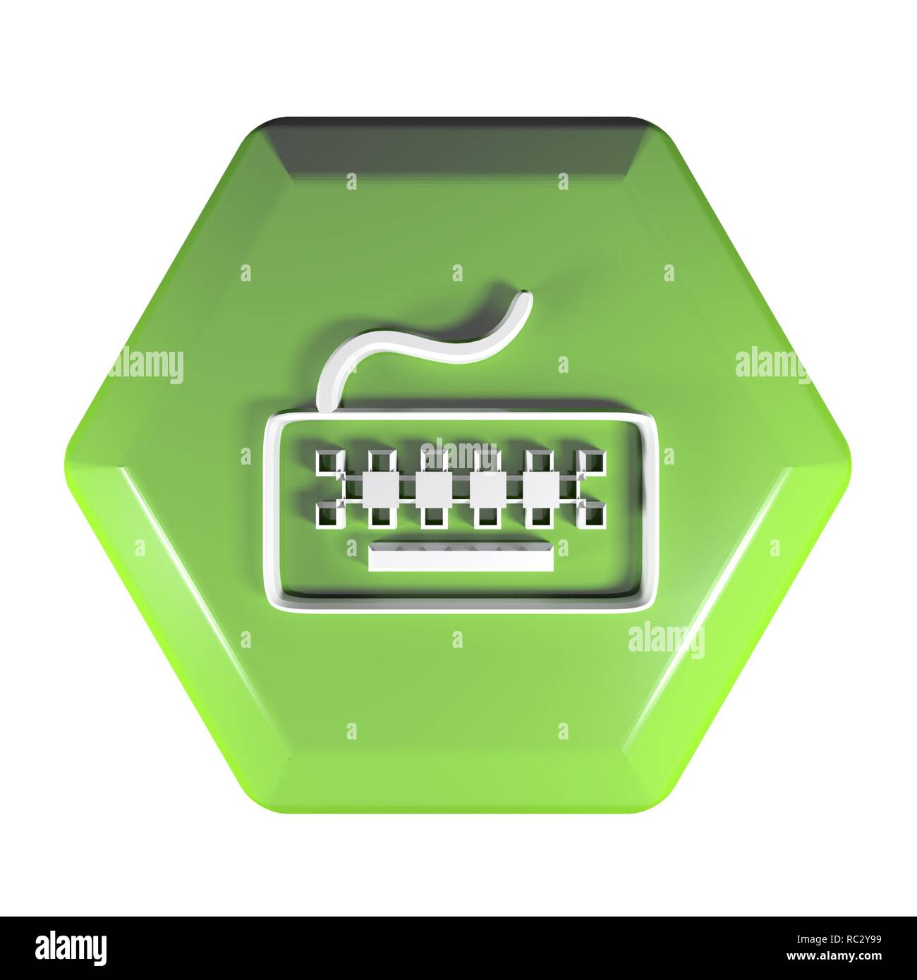 Green hexagonal push button with keyboard icon - 3D rendering ...