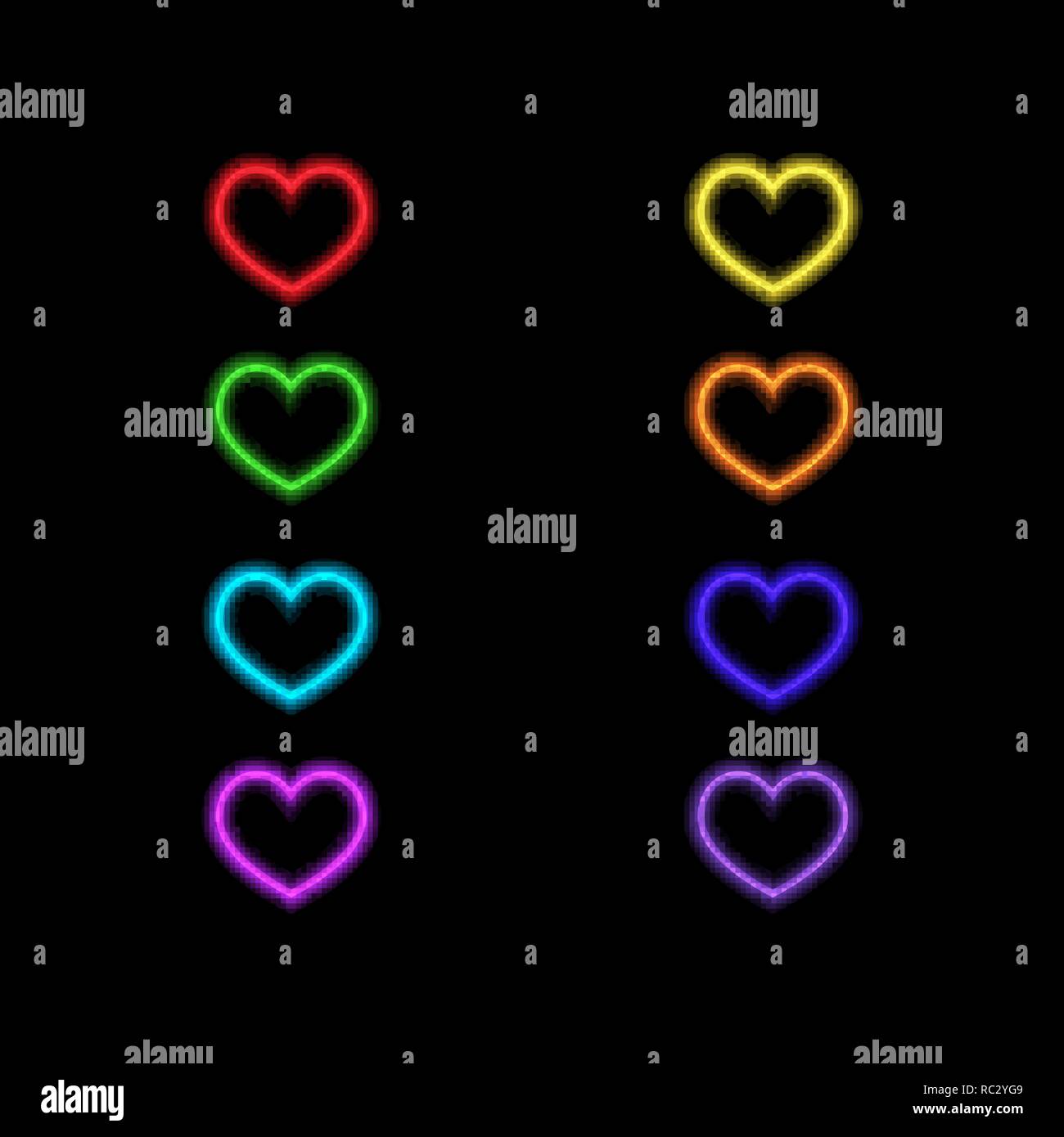 Colored neon hearts on a black background. Vector illustration Stock ...