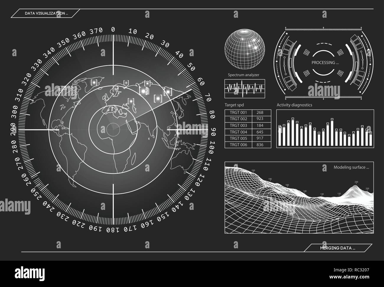 Military blue radar. Screen with target. Futuristic HUD interface ...