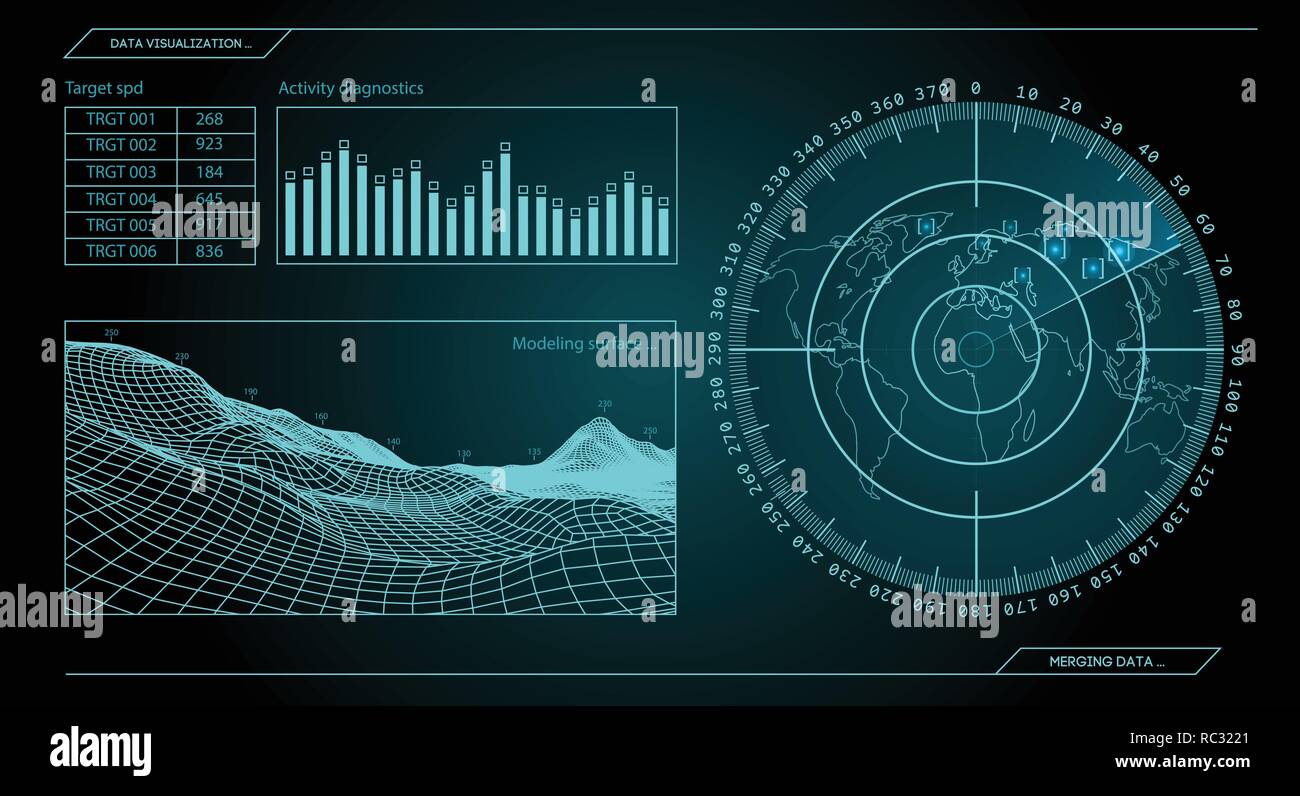 Military blue radar. Screen with target. Futuristic HUD interface ...