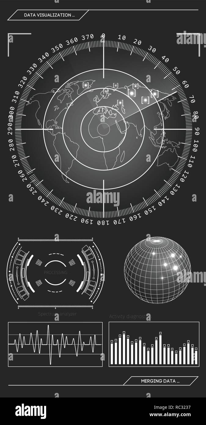Military blue radar. Screen with target. Futuristic HUD interface ...