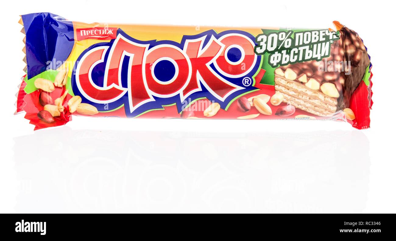 Winneconne, WI - 5 January 2019: A package of Spoko wafer with peanuts ...