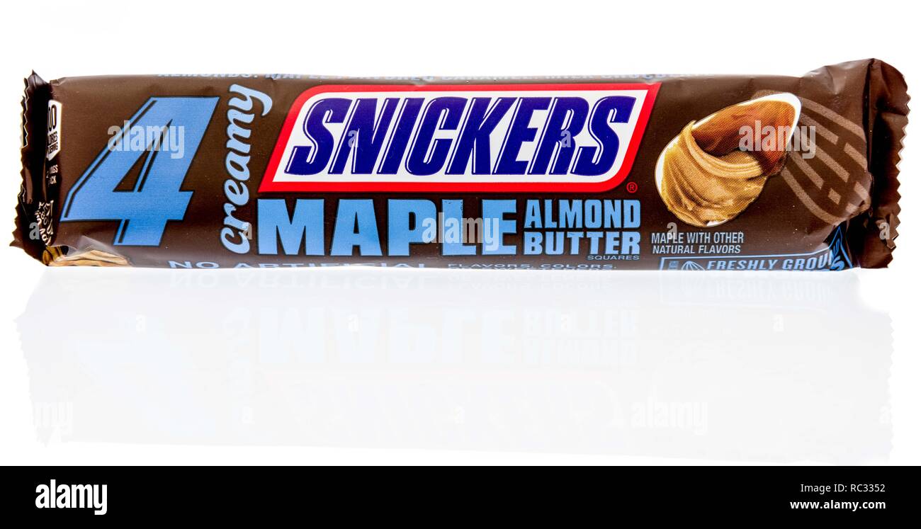 Winneconne, WI - 5 January 2019: A package of Snickers maple almond ...