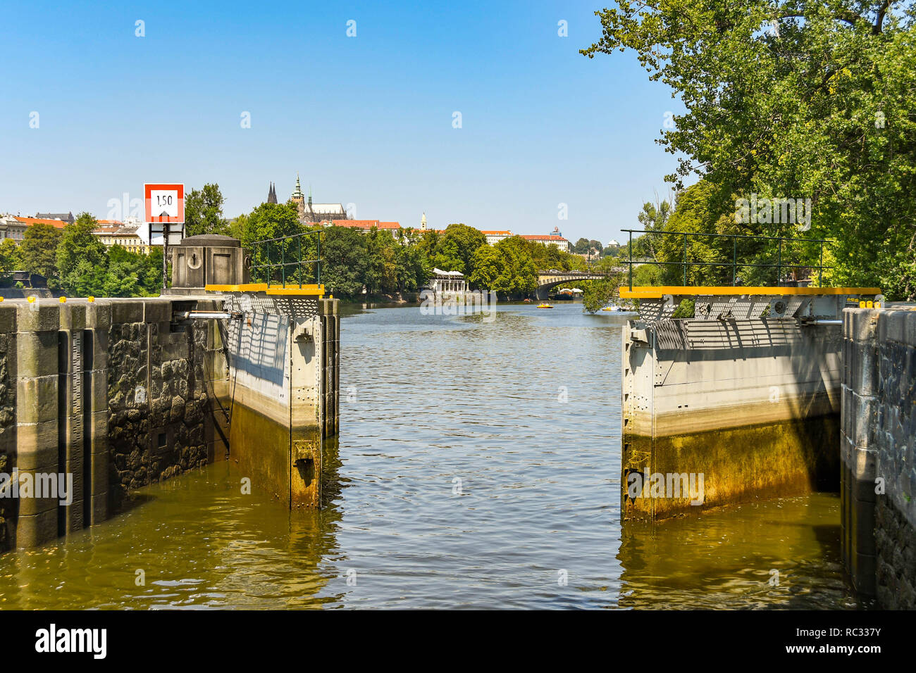 PRAGUE, CZECH REPUBLIC - AUGUST 2018: Heavy lock gates closing on the ...