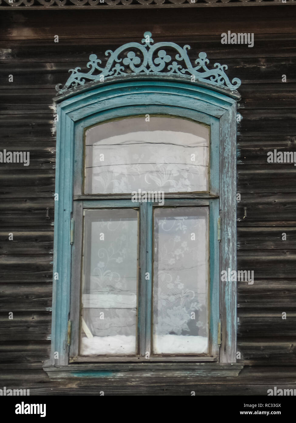 Plinths of windows of wooden houses. Ancient style of decoration of ...