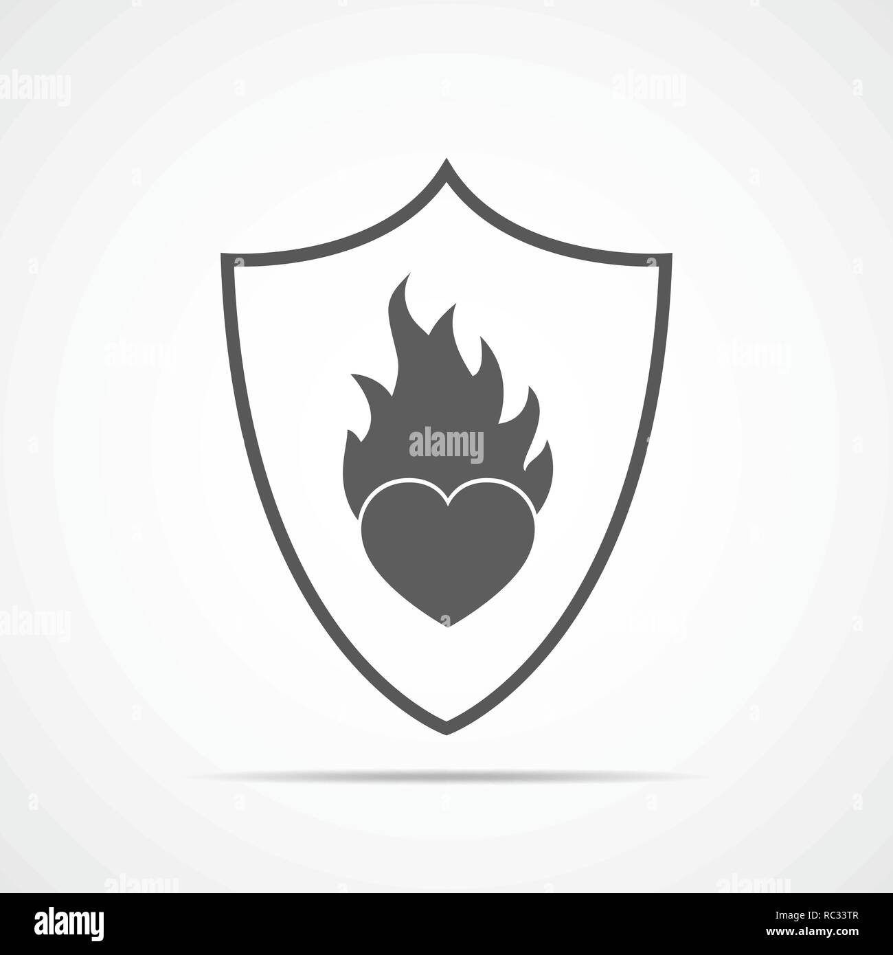 Heart on fire on the shield, isolated on light background. Heart in ...