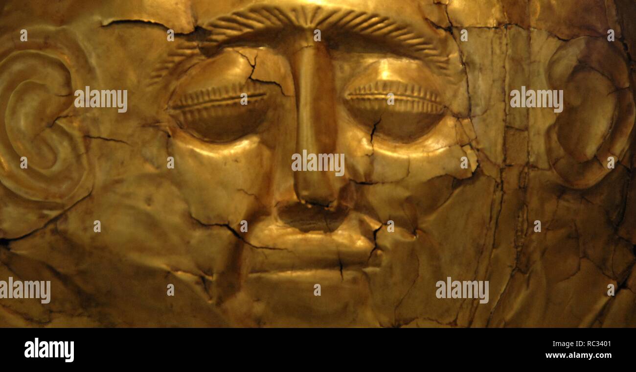 Mycenaean art. Greece. Funerary Mask in gold foil embossing. Found in ...