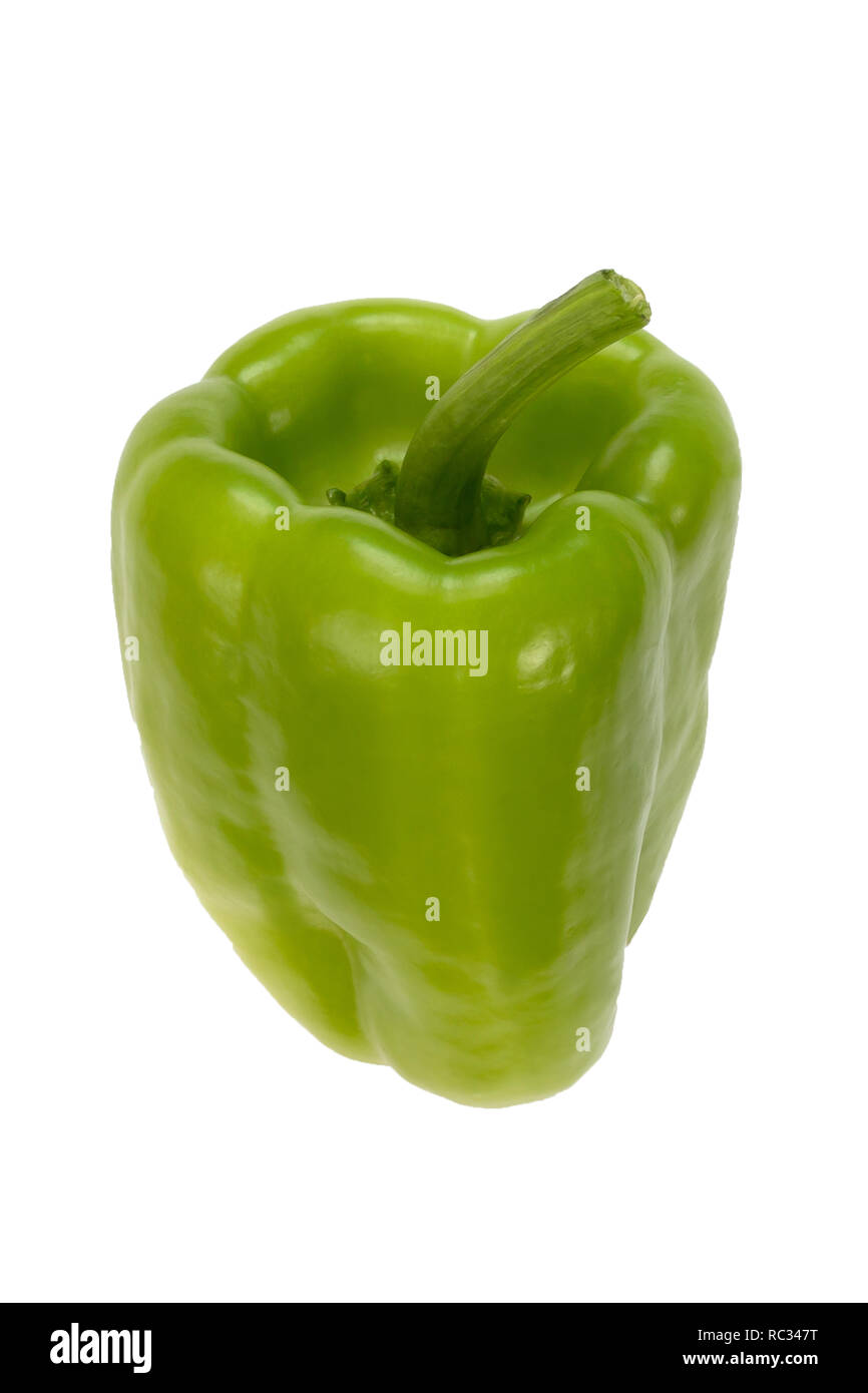 Green sweet pepper isolated on white background. View at an angle of 45 ...