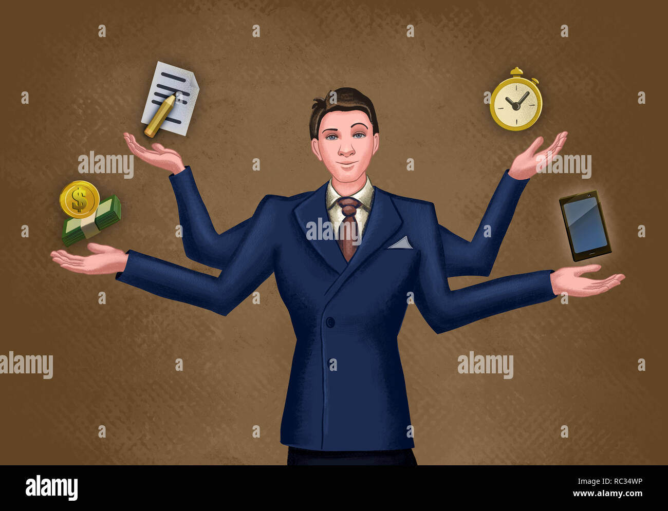 Businessman juggling multiple activities. Digital illustration Stock ...