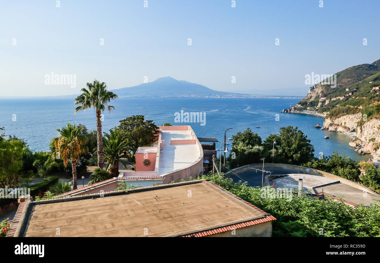The Amalfi Coast near Vico Equense, the volcano Mount Vesuvius in the ...