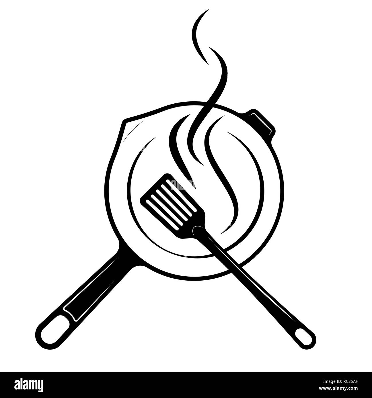 Logo for the menu or restaurant. Frying pan and shovel for frying ...