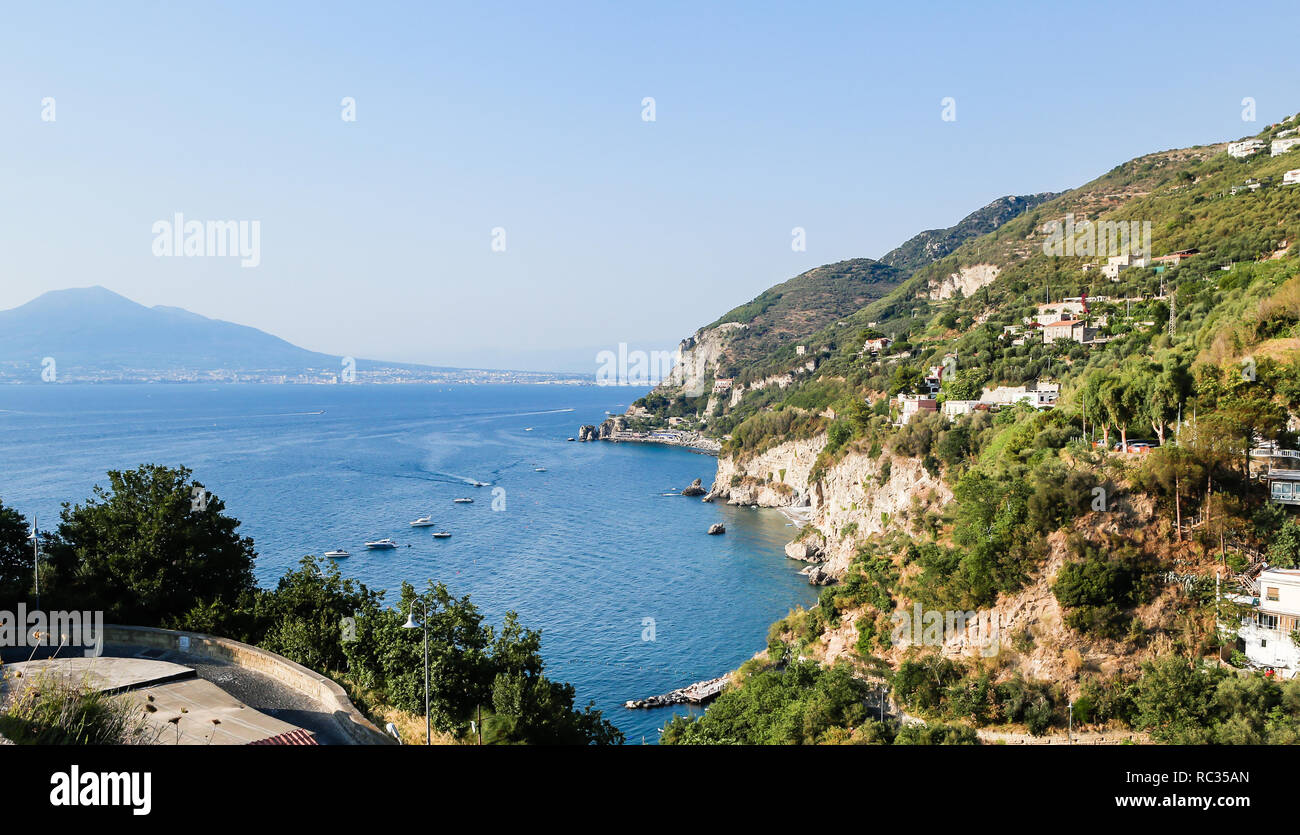 The Amalfi Coast near Vico Equense, the volcano Mount Vesuvius and the ...