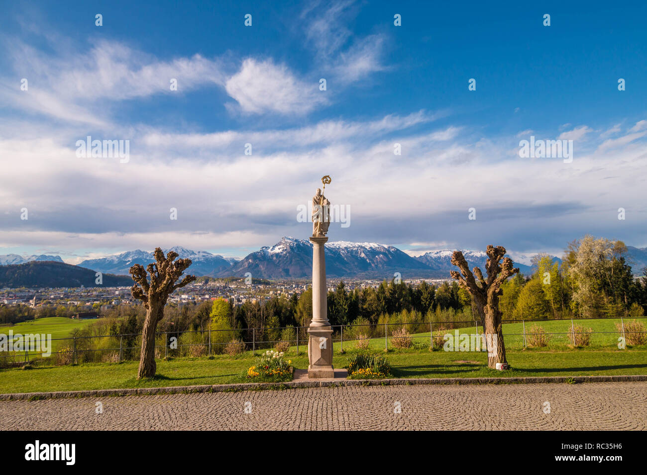 Statue of St.Rupert and a beautiful panoramic view of Salzburg and Alps ...