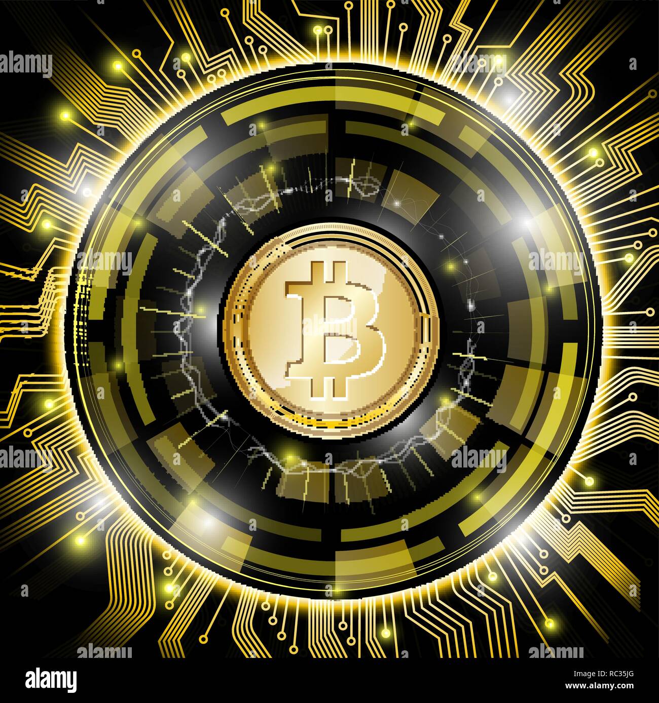 Background bitcoin gold coins on a black background. For presentation ...