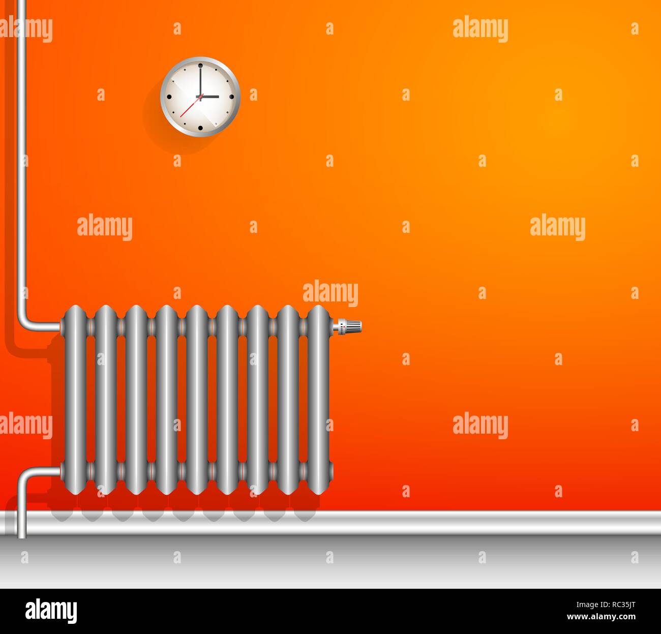 White cast iron radiator on an orange wall. A realistic image. Copy ...