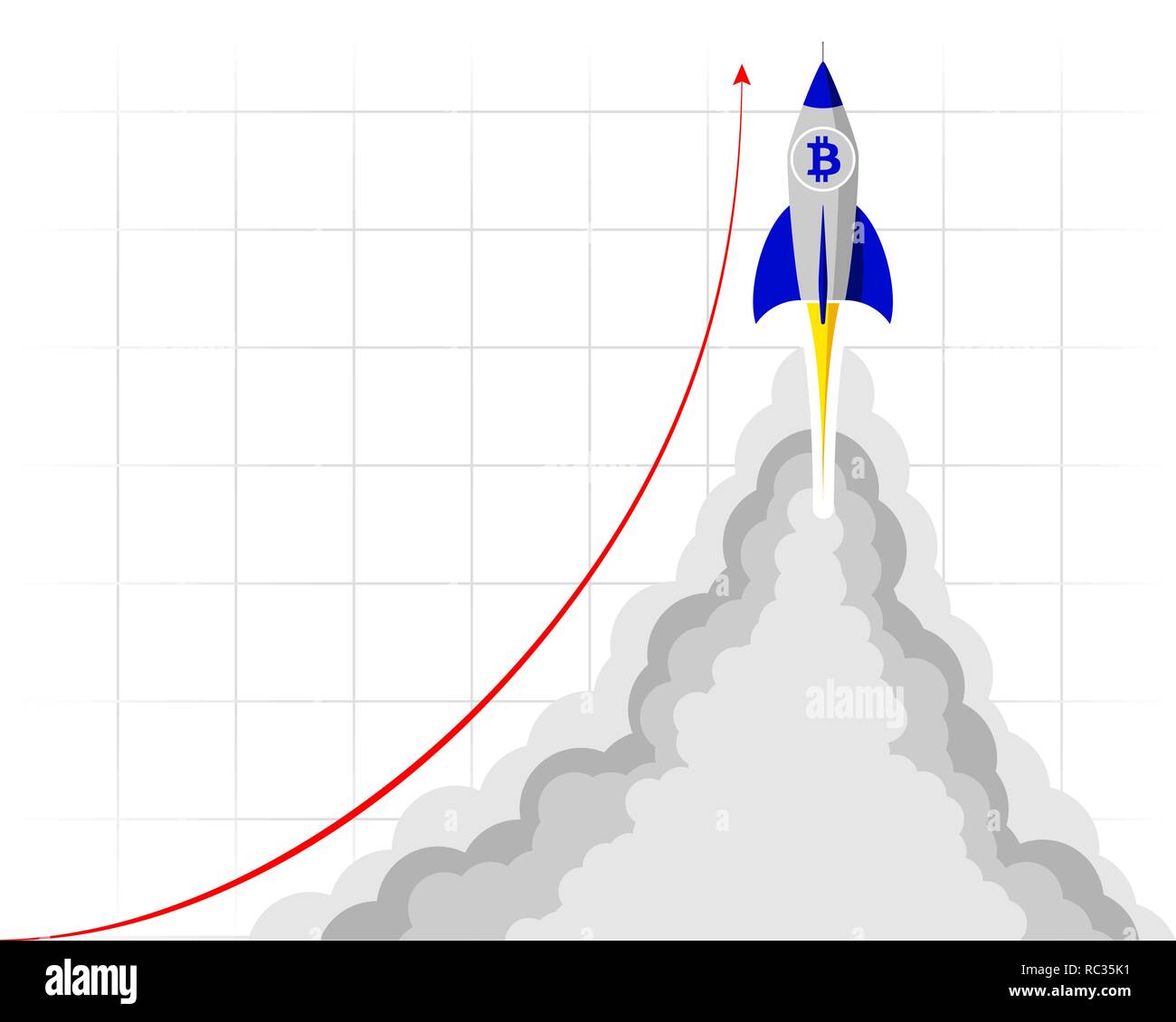 A rocket with bitcoin logo flying into space. Starting or starting an ...