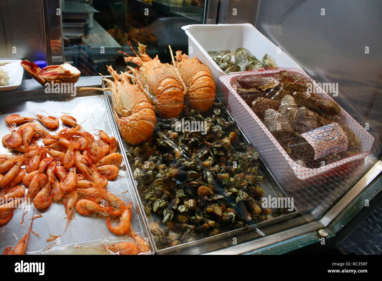 Garnelen, Hummer, Muscheln - Schaufensterdekoration eines Restaurants ...