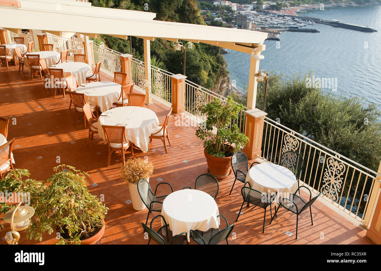The interior of the restaurant overlooking the sea. Vico Equense. Italy ...