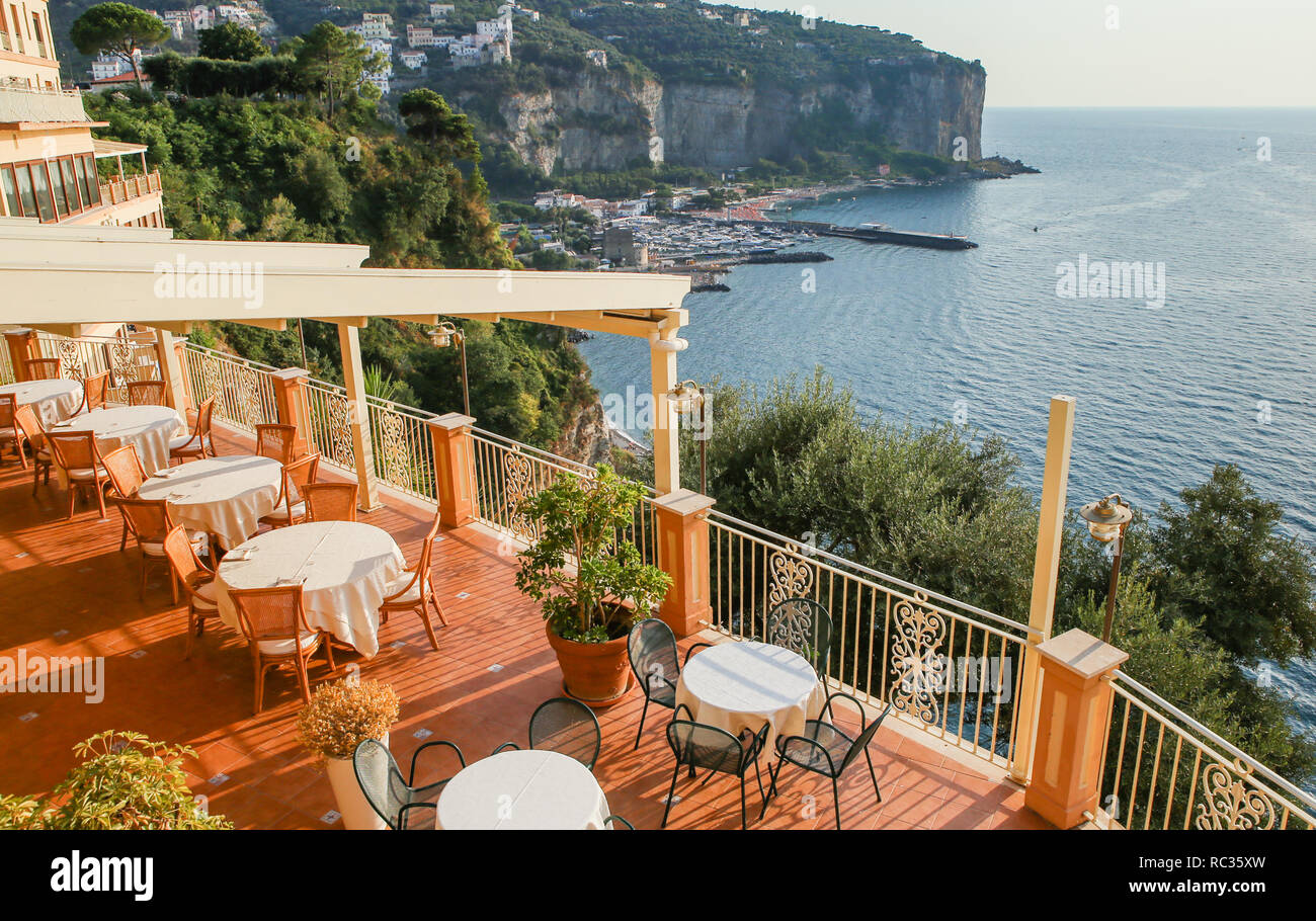 The interior of the restaurant overlooking the sea. Vico Equense. Italy ...