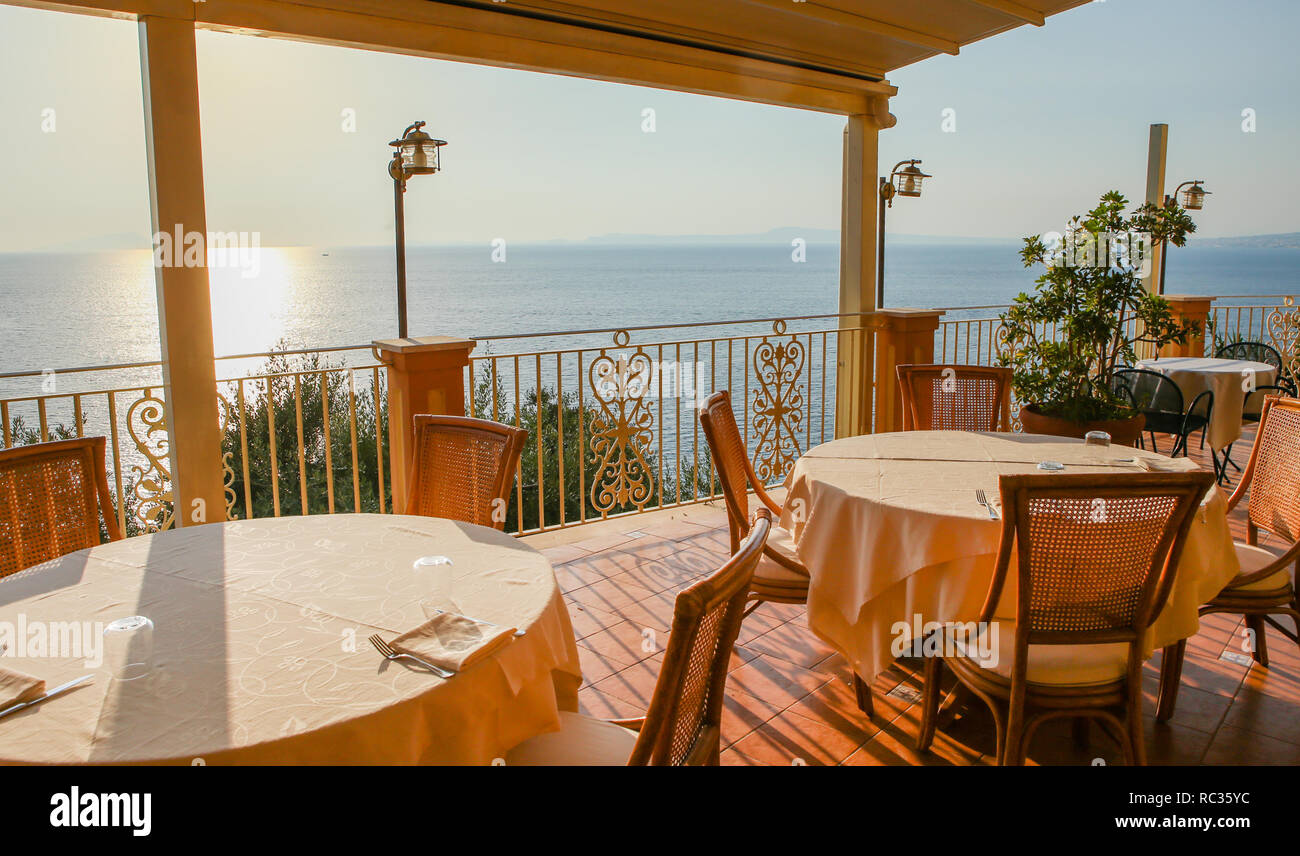 The interior of the restaurant overlooking the sea. Vico Equense. Italy ...