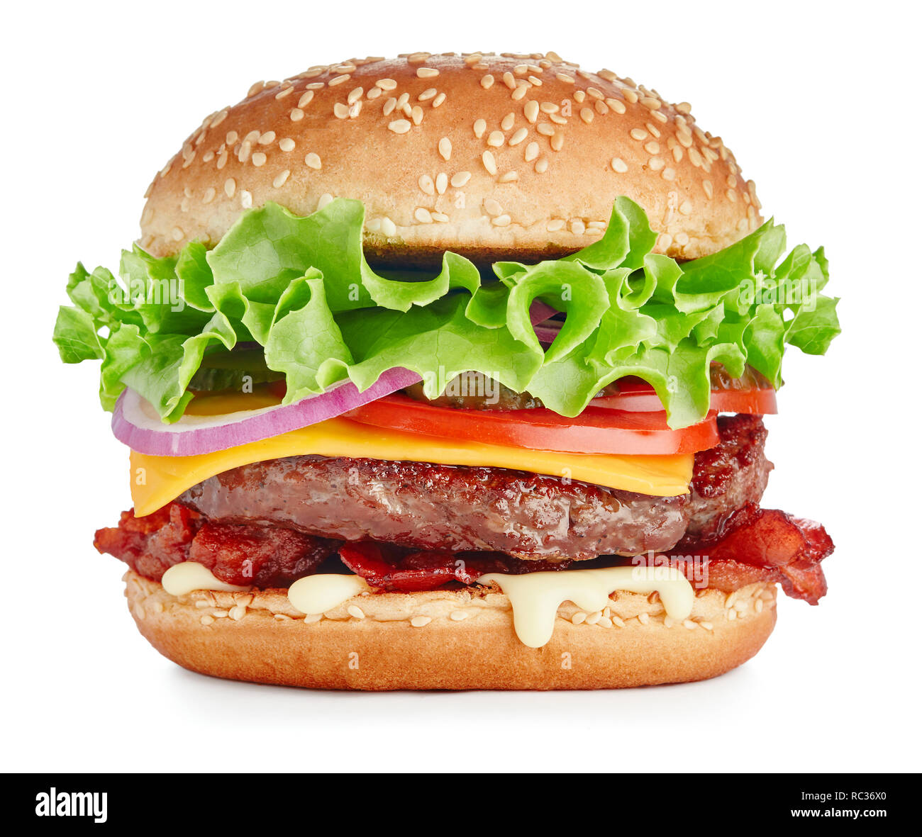 single fresh burger with cheese and bacon isolated on white background ...