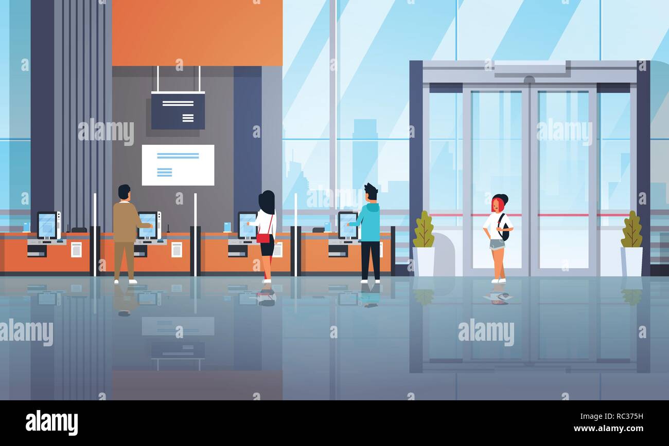 people clients using self service machines payment terminals windows ...