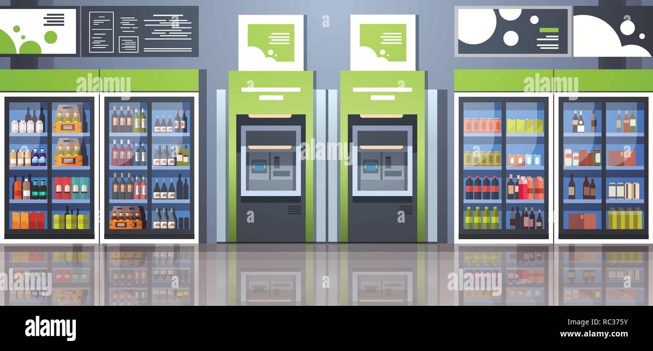 ATM cash automatic teller machine payment terminal beverages freezer glass door supermarket ...