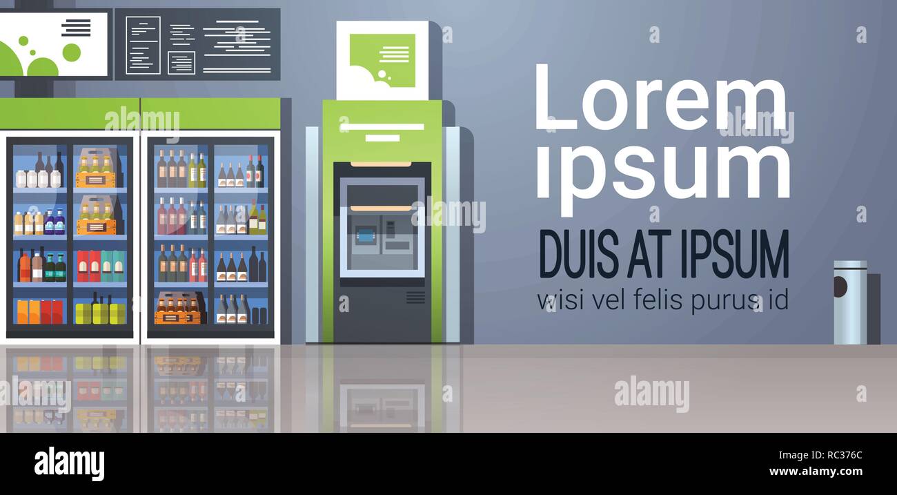 ATM cash automatic teller machine payment terminal beverages freezer glass door supermarket ...