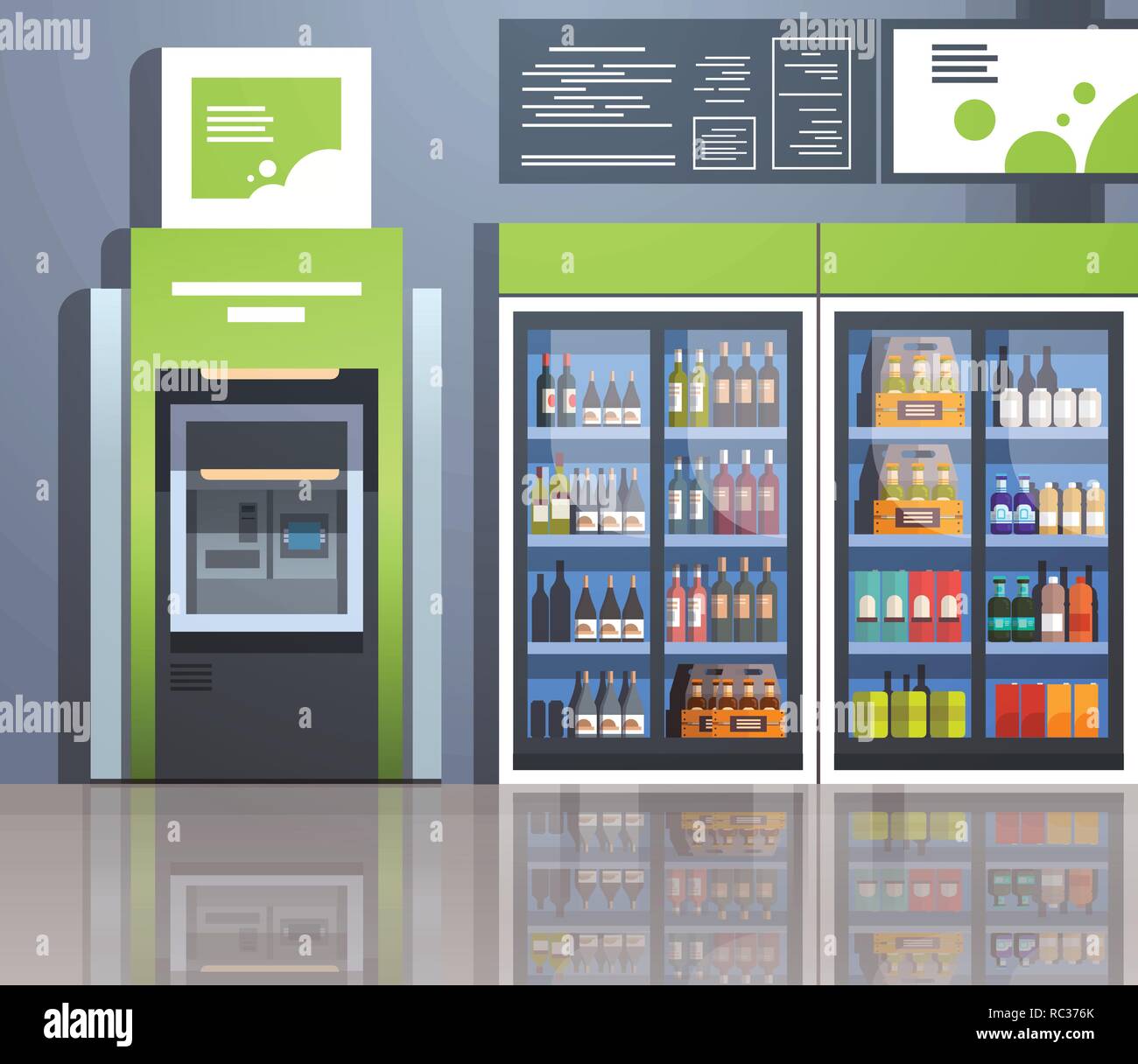 ATM cash automatic teller machine payment terminal beverages freezer glass door supermarket ...