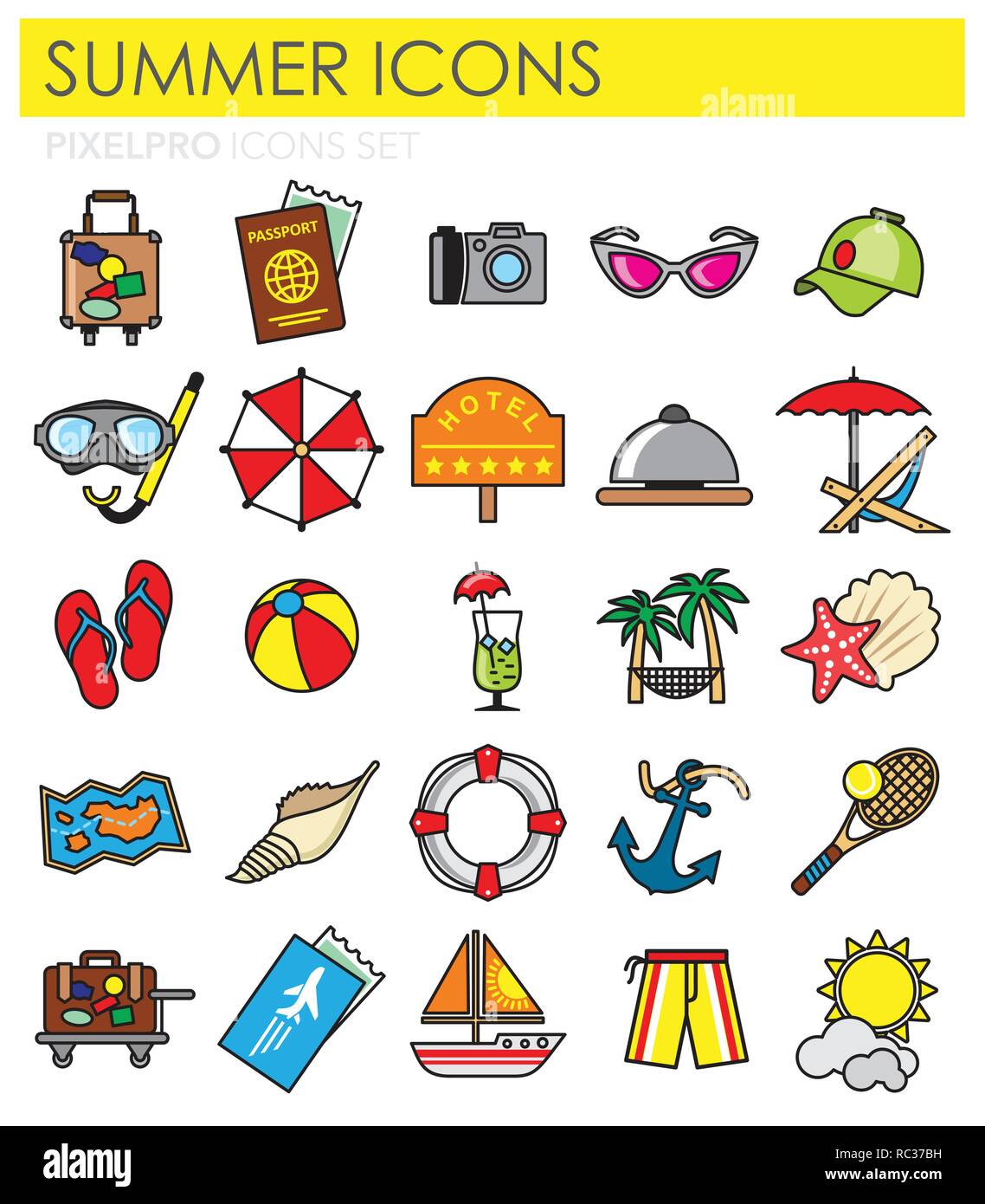Summer color outline icons set on white background for graphic and web ...