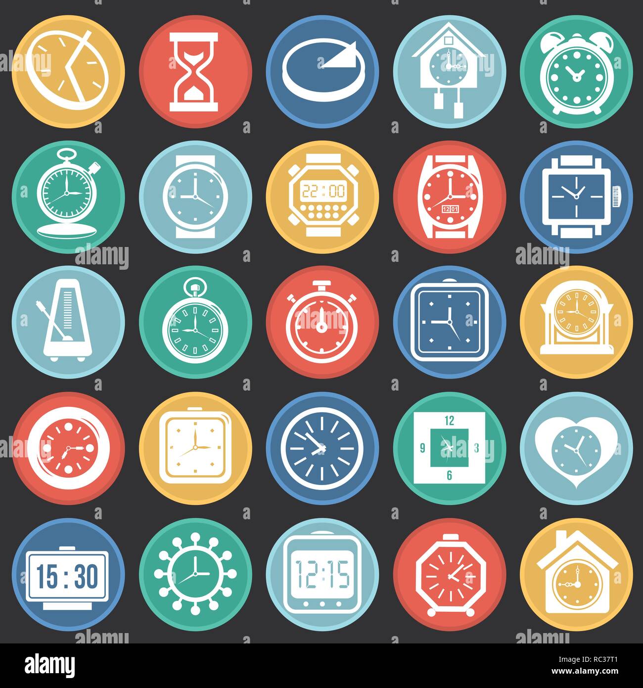 Time icons set on color circles black background for graphic and web ...
